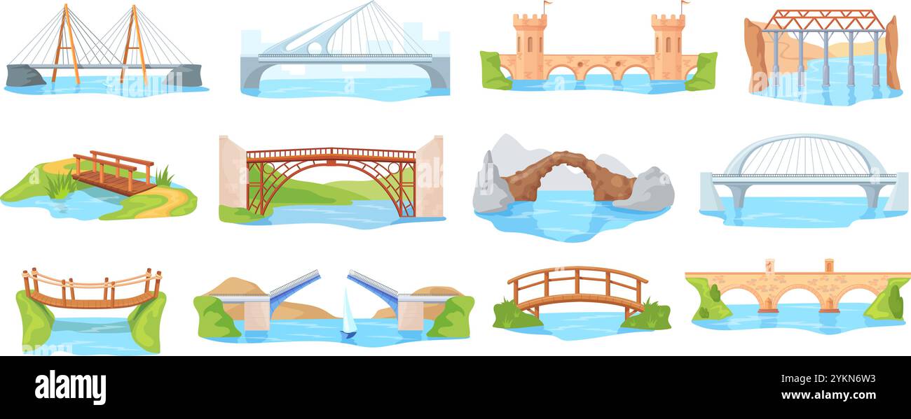 Cartoon river bridges. Concrete steel urban bridge, railway transport ...