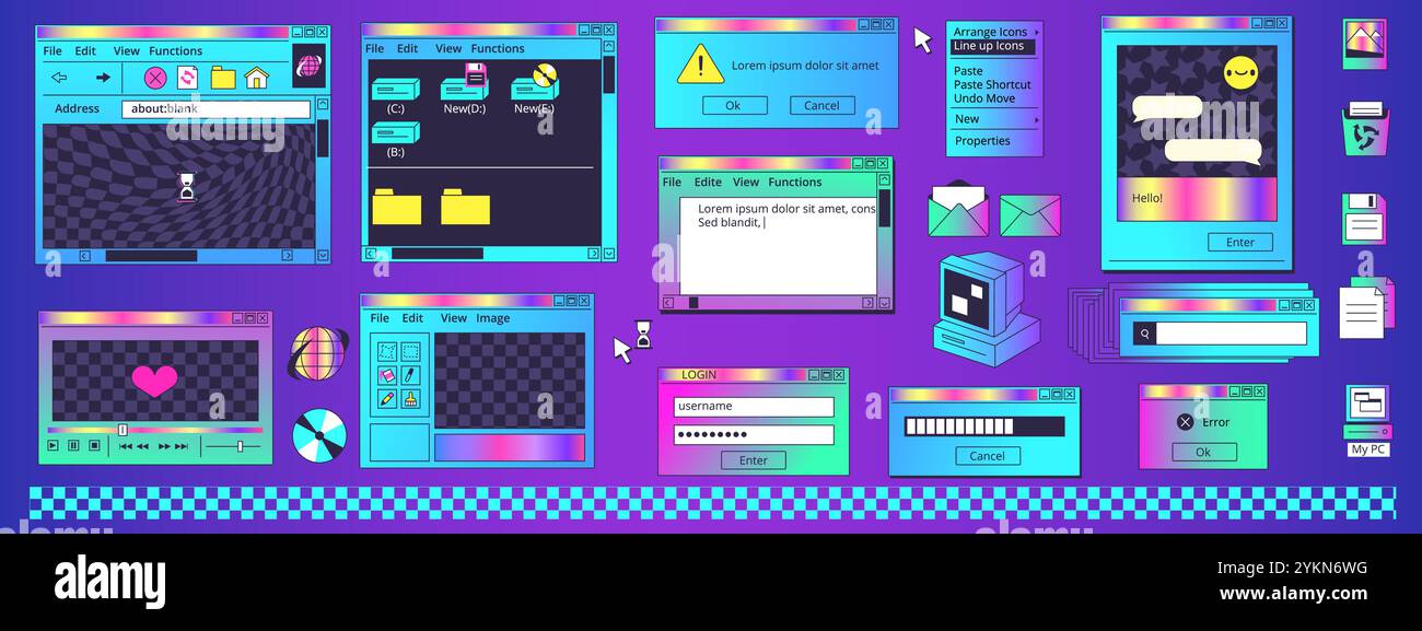 Browser neon screens. Retro window black interface, vintage computer internet frame dialogue ...