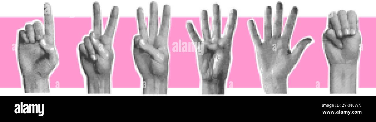 Halftone finger numbers. Realistic fingers countdown one two three four five grunge collage, 5 ...