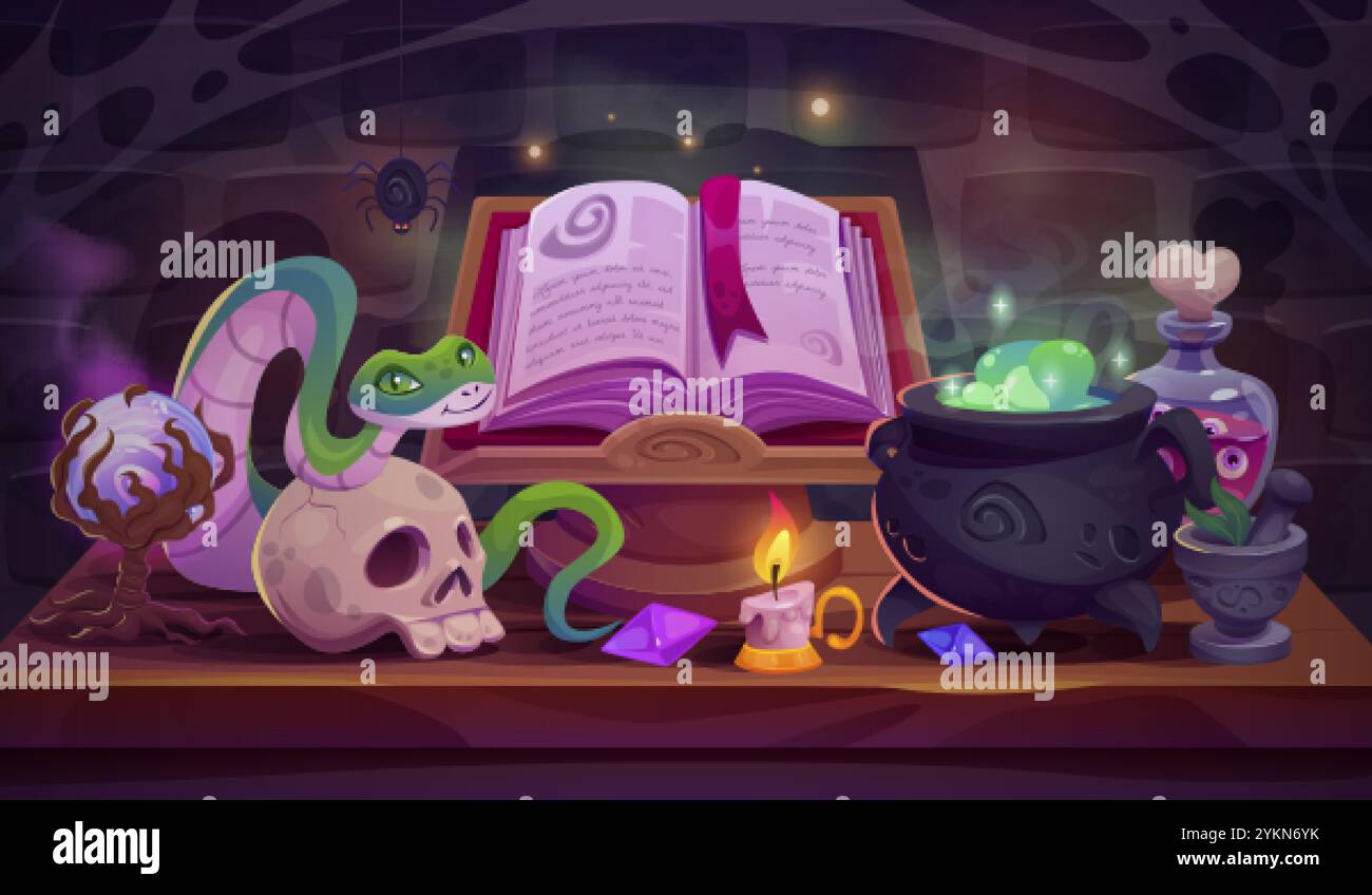 Wizard table. Wizards magical or witch workspace magic lab room cartoon ...