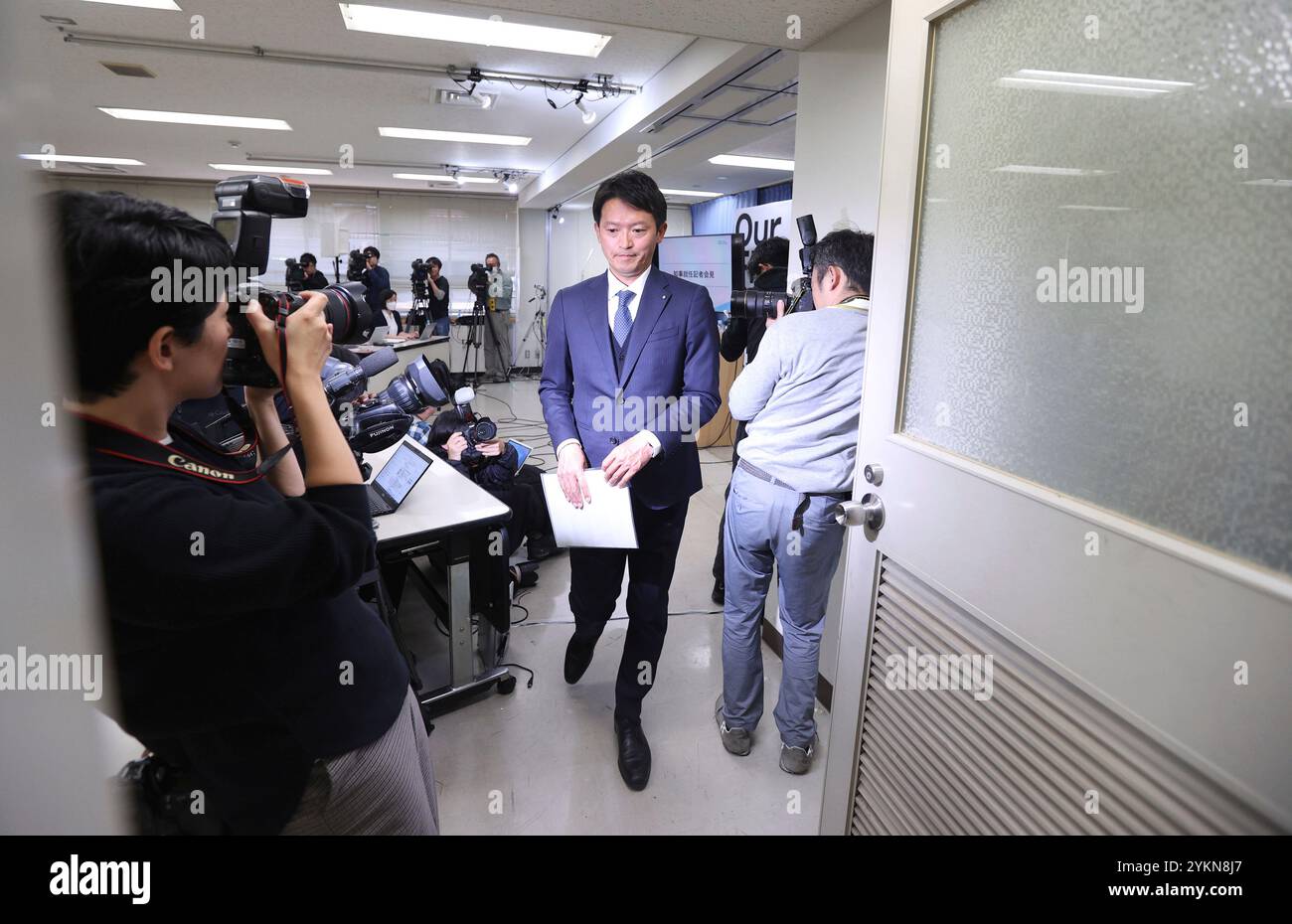 Hyogo Governor Motohiko Saito attends a press conference after taking office at the Hyogo ...