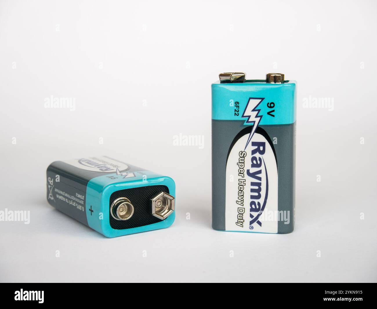 Carbon-zinc (salt) battery 6F22/9V Raymax isolated on white background ...