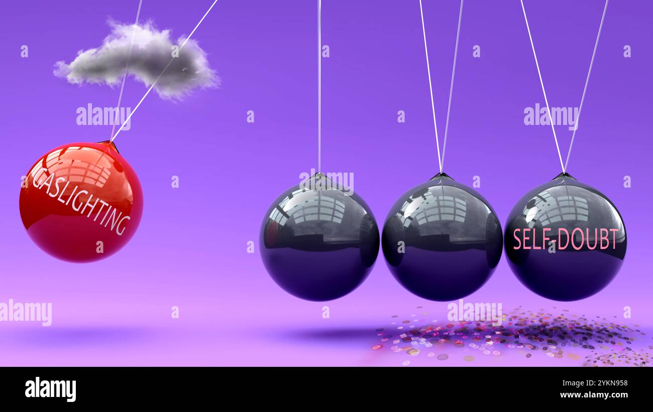 Gaslighting leads to self-doubt. A Newton cradle metaphor showing how ...