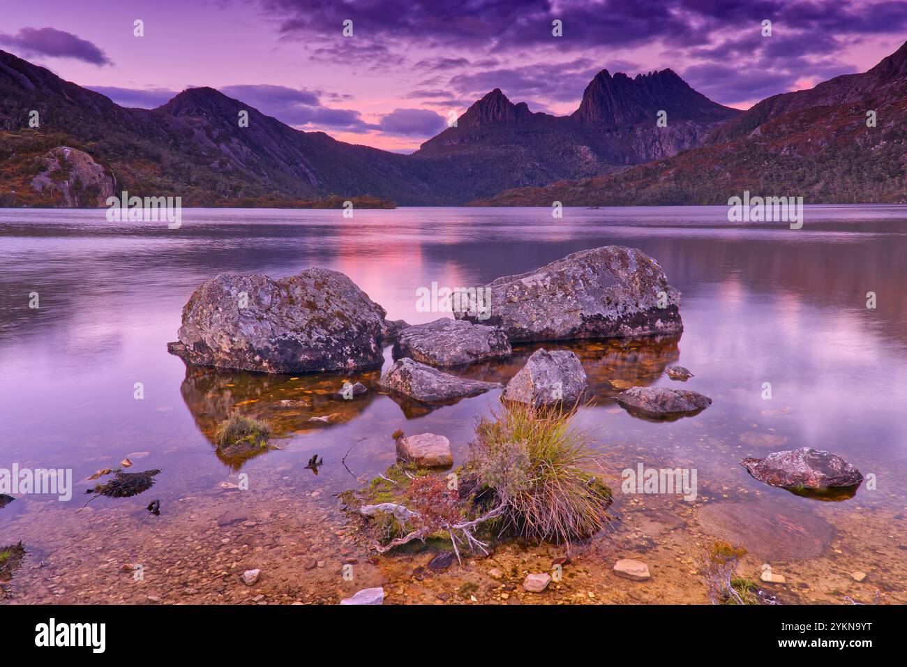 Dawn morning sunrise view of Lake Dove and Cradle Mountain peak at Cradle Mountain Lake St Clair ...