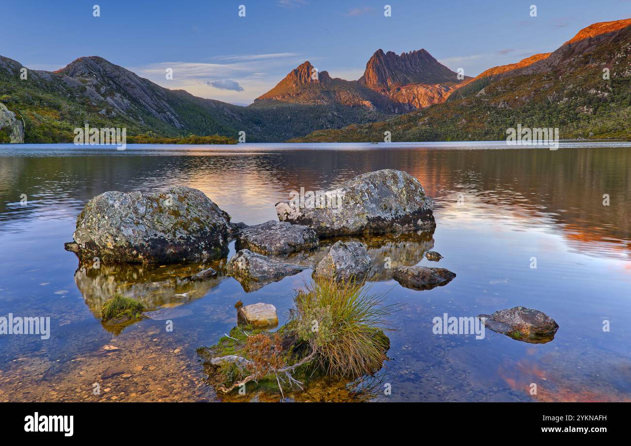 Dawn morning sunrise view of Lake Dove and Cradle Mountain peak at Cradle Mountain Lake St Clair ...
