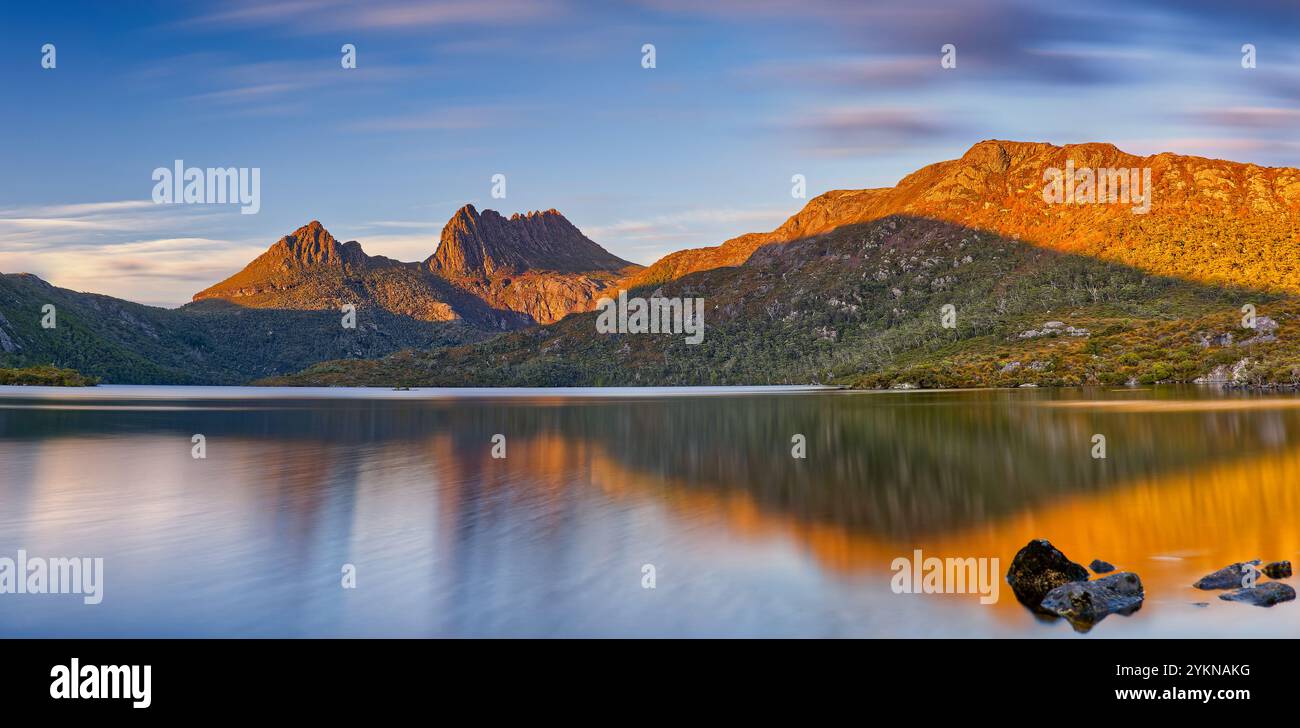 Dawn morning sunrise view of Lake Dove and Cradle Mountain peak at Cradle Mountain Lake St Clair ...