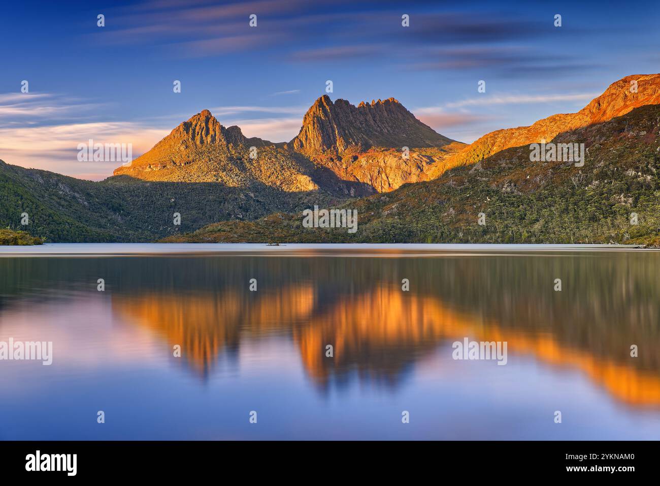 Dawn morning sunrise view of Lake Dove and Cradle Mountain peak at Cradle Mountain Lake St Clair ...