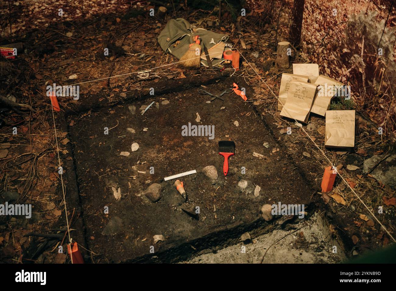 Close-up detail view of archeological excavation digging site with big ...