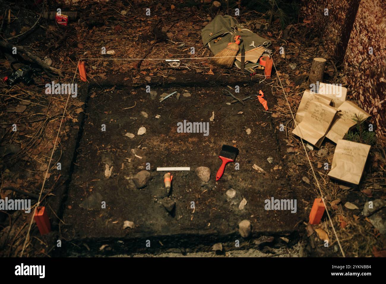 Close-up detail view of archeological excavation digging site with big ...