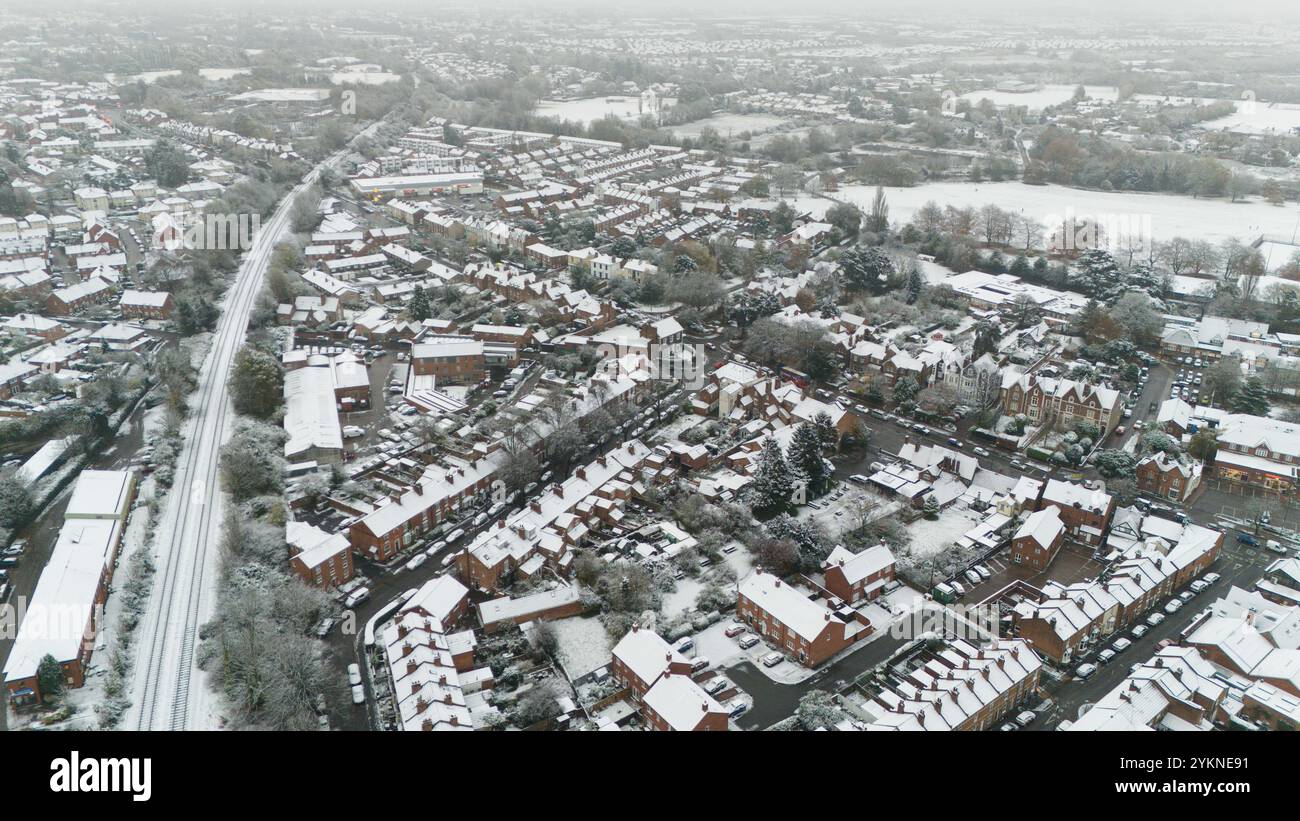 Snow-covered buildings after overnight snowfall in Warwick. The UK is ...