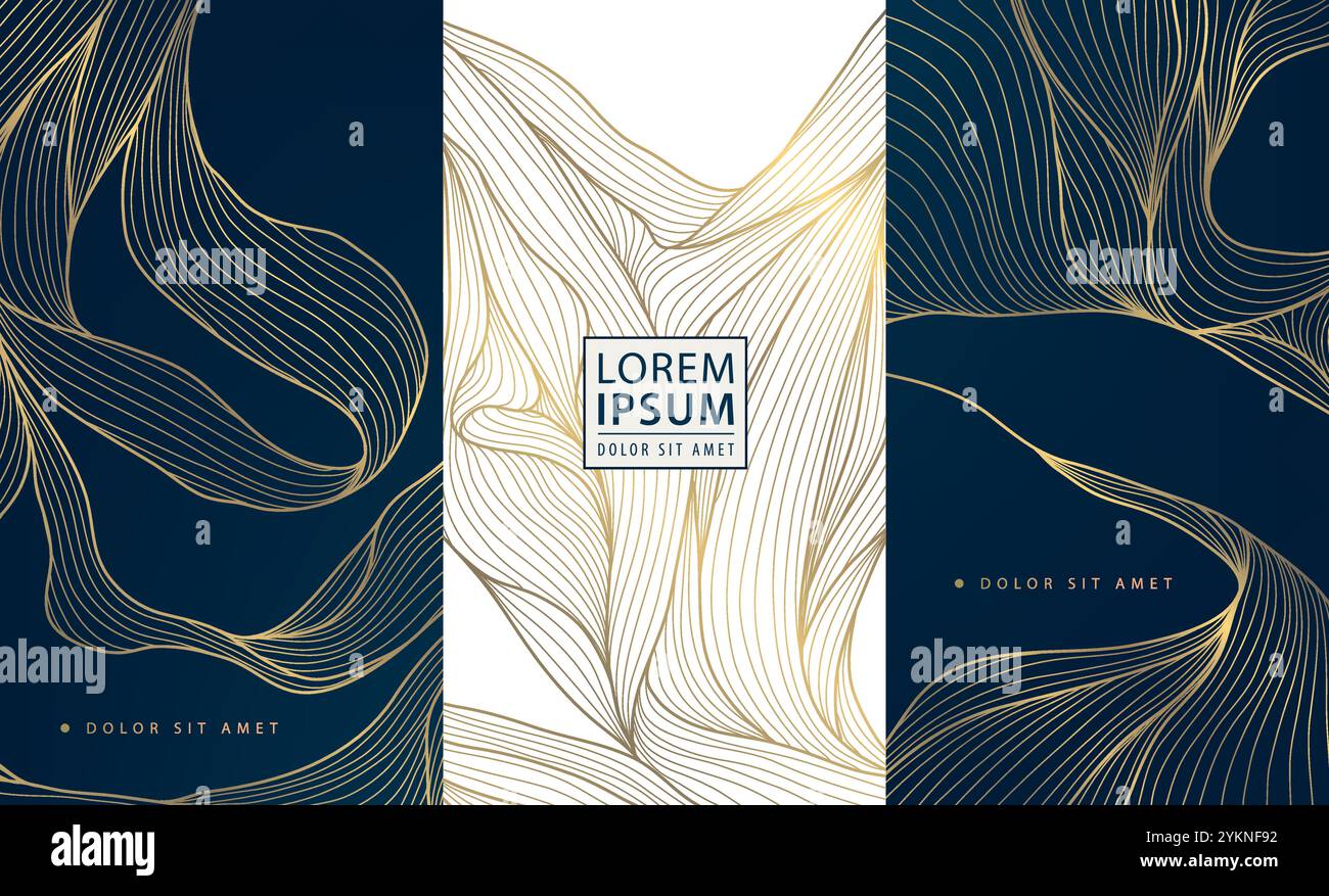 Vector set of art deco gold wave package templates, labels, line ...