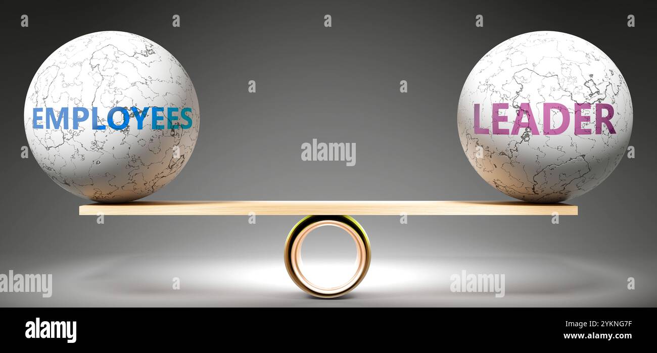 Employees and leader in balance. A metaphor showing Employees in ...