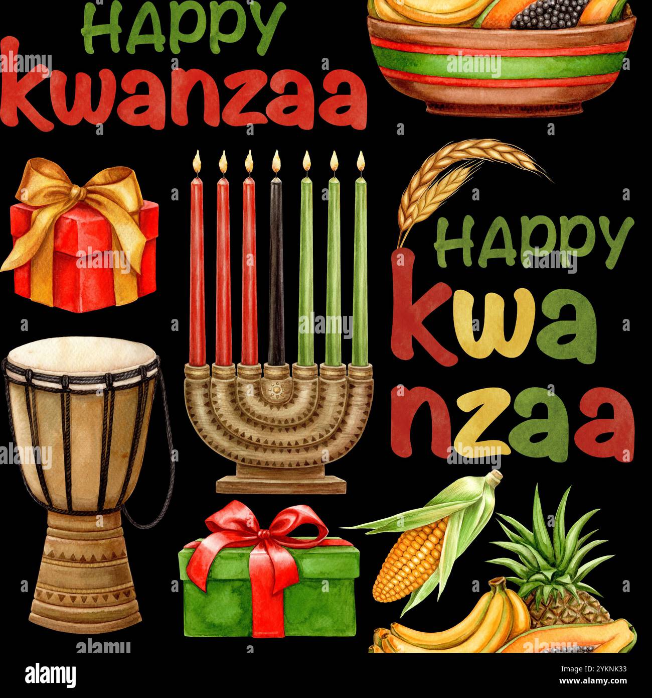 Happy Kwanzaa seamless pattern of African drum, fruits and Kinara with ...