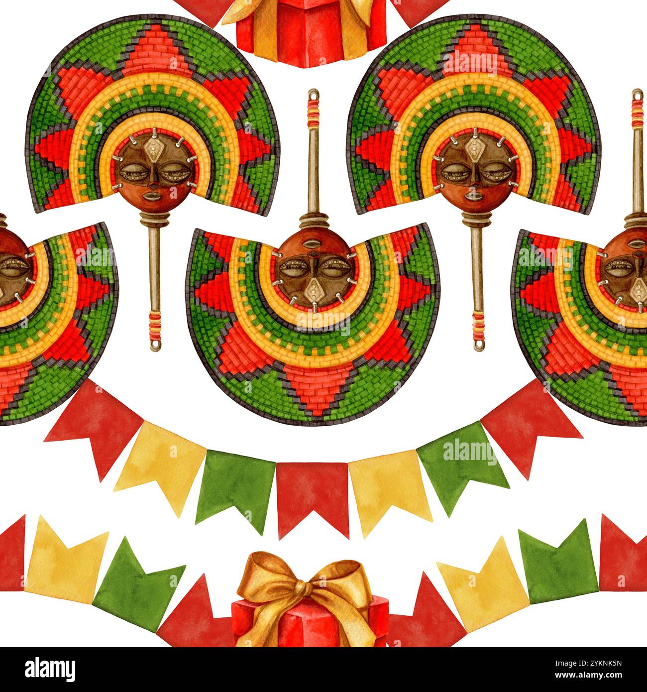 Kwanzaa seamless pattern of curved African fan and paper pennant ...