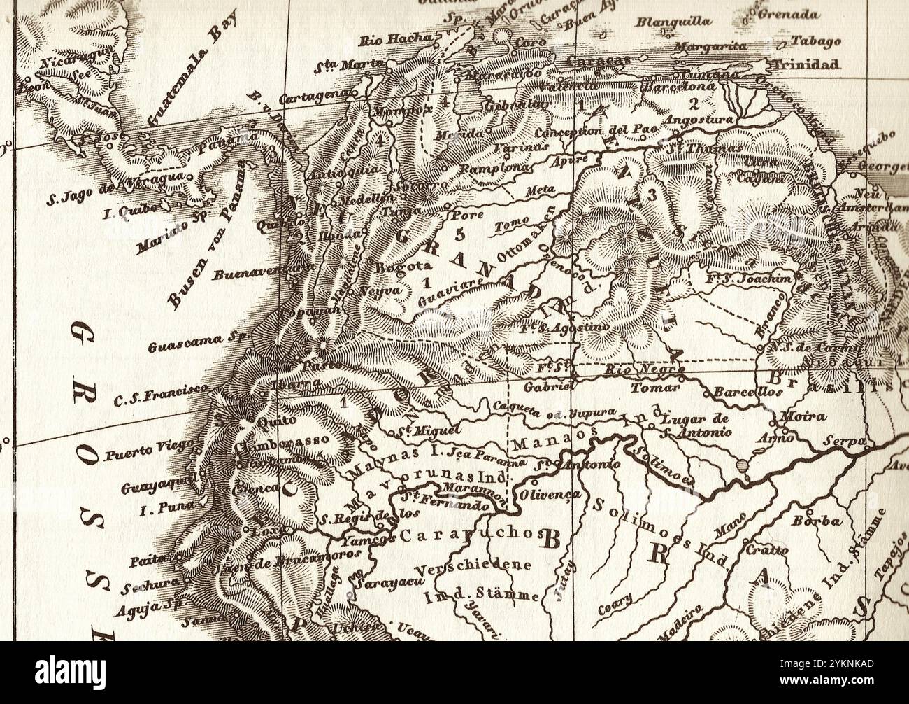 A mid 19th century antique map in sepia showing the Amazon basin region ...