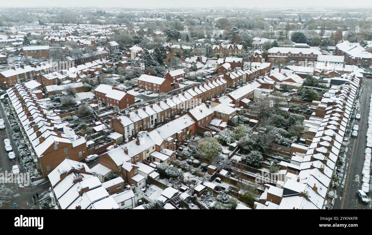 Snow-covered buildings after overnight snowfall in Warwick. The UK is ...