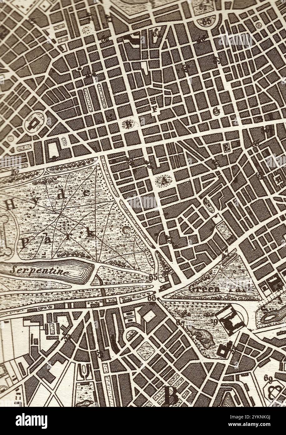A mid 19th century antique map in sepia showing a region of the city of ...