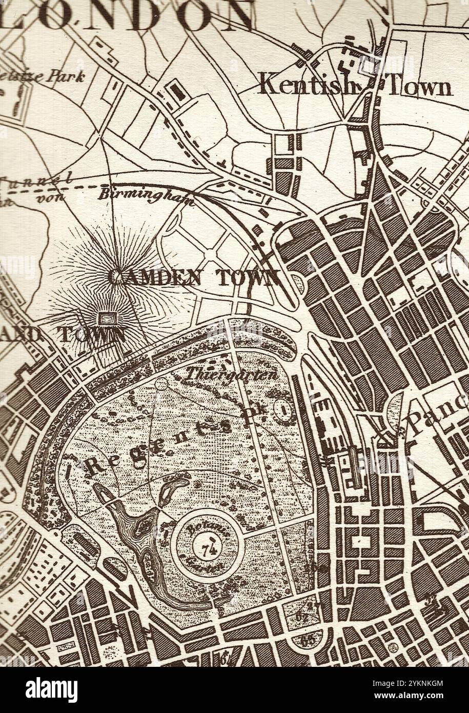 A mid 19th century antique map in sepia showing a region of the city of ...