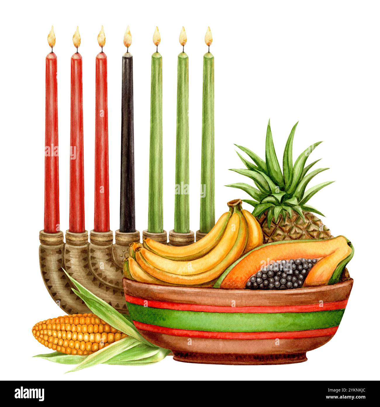 Kwanzaa arrangement of Kinara with seven candles and fruit plate. Hand ...
