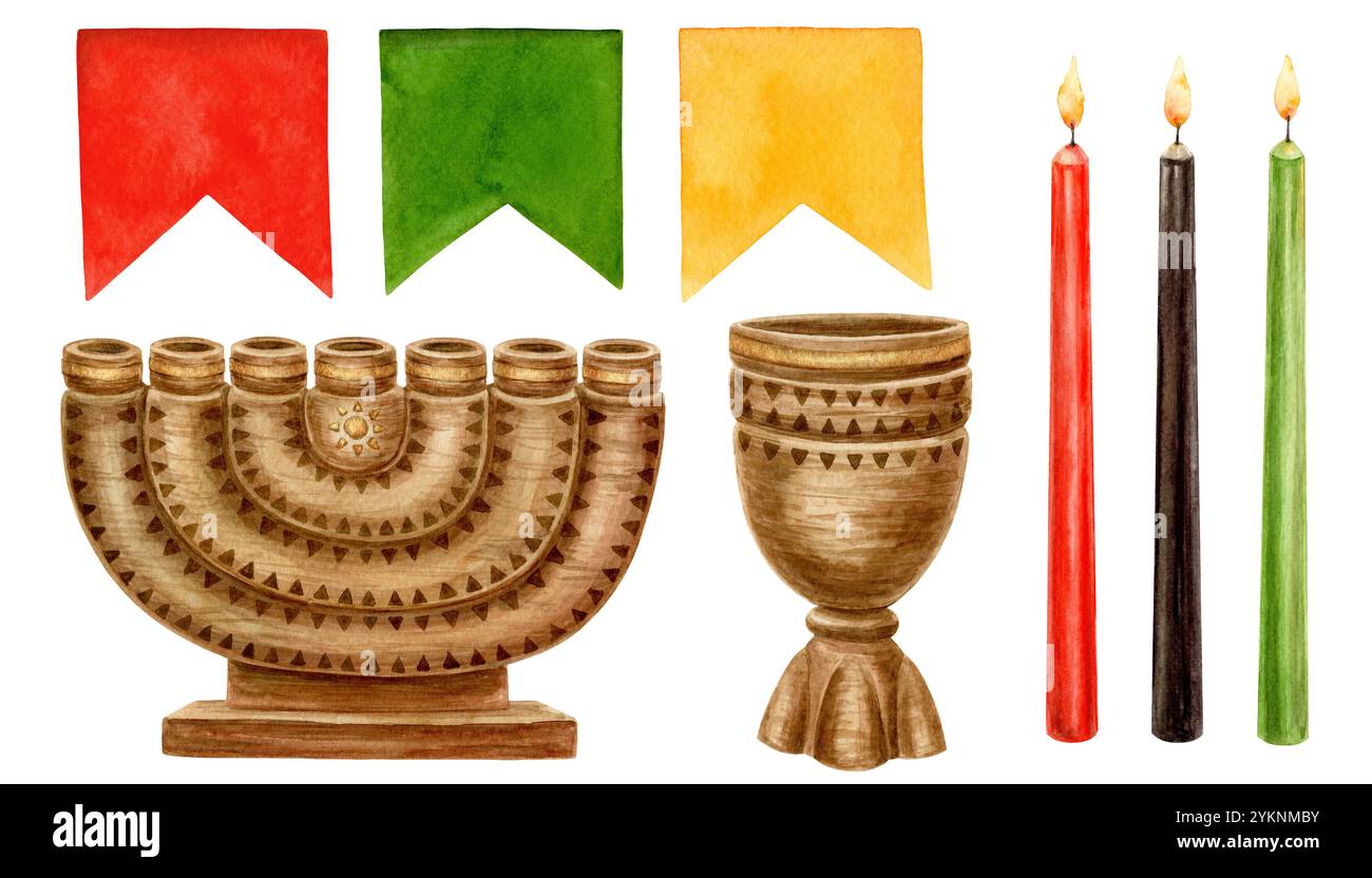 Set of Kinara wooden candleholder, green, black and red candle and ...