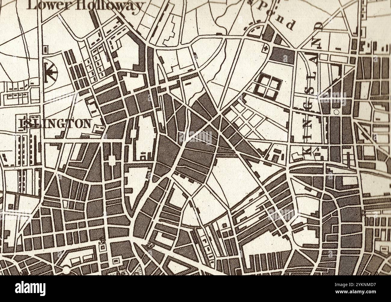 A mid 19th century antique map in sepia showing a region of the city of ...