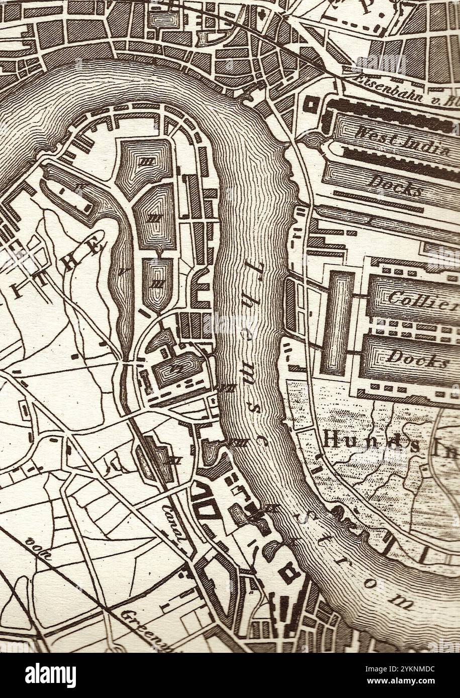 A mid 19th century antique map in sepia showing a region of the city of ...