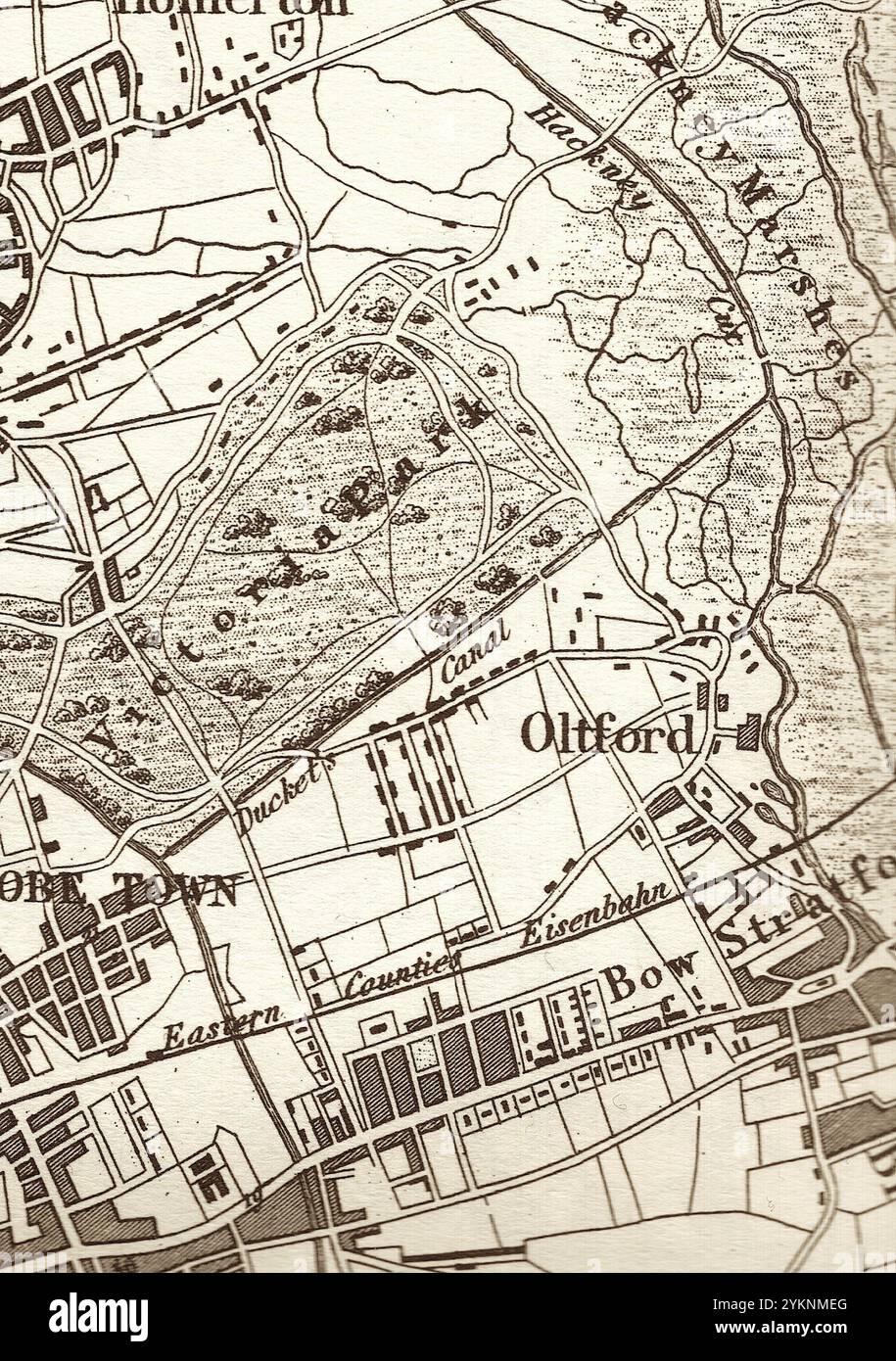 A mid 19th century antique map in sepia showing a region of the city of ...