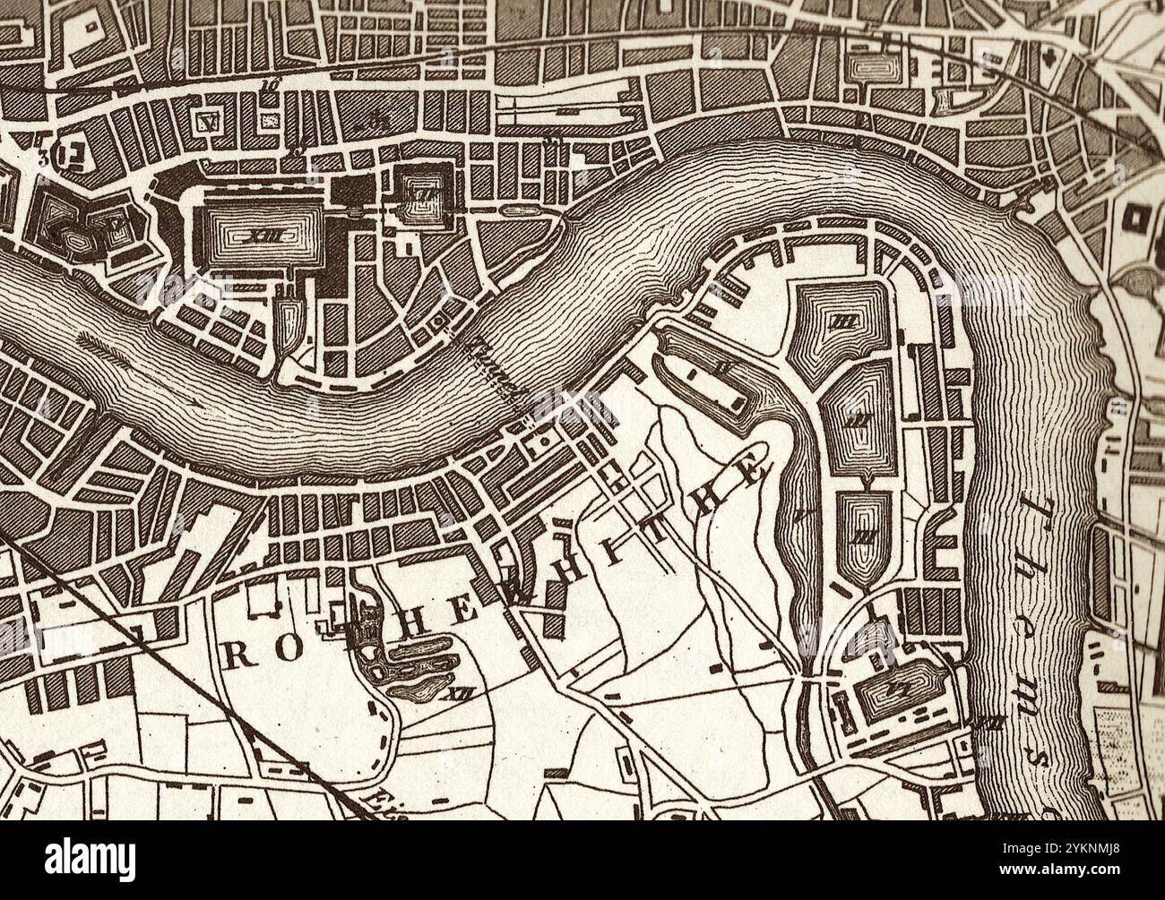 A mid 19th century antique map in sepia showing a region of the city of ...