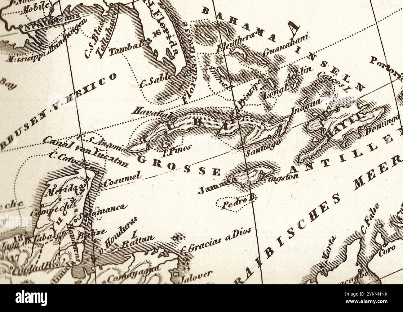 A mid 19th century antique map in sepia showing the Bahamas, Cuba and Haiti Stock Photo - Alamy