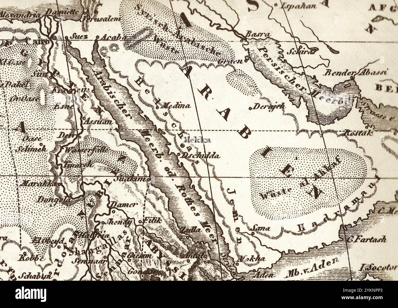 A mid 19th century antique map in sepia showing Arabia Stock Photo - Alamy
