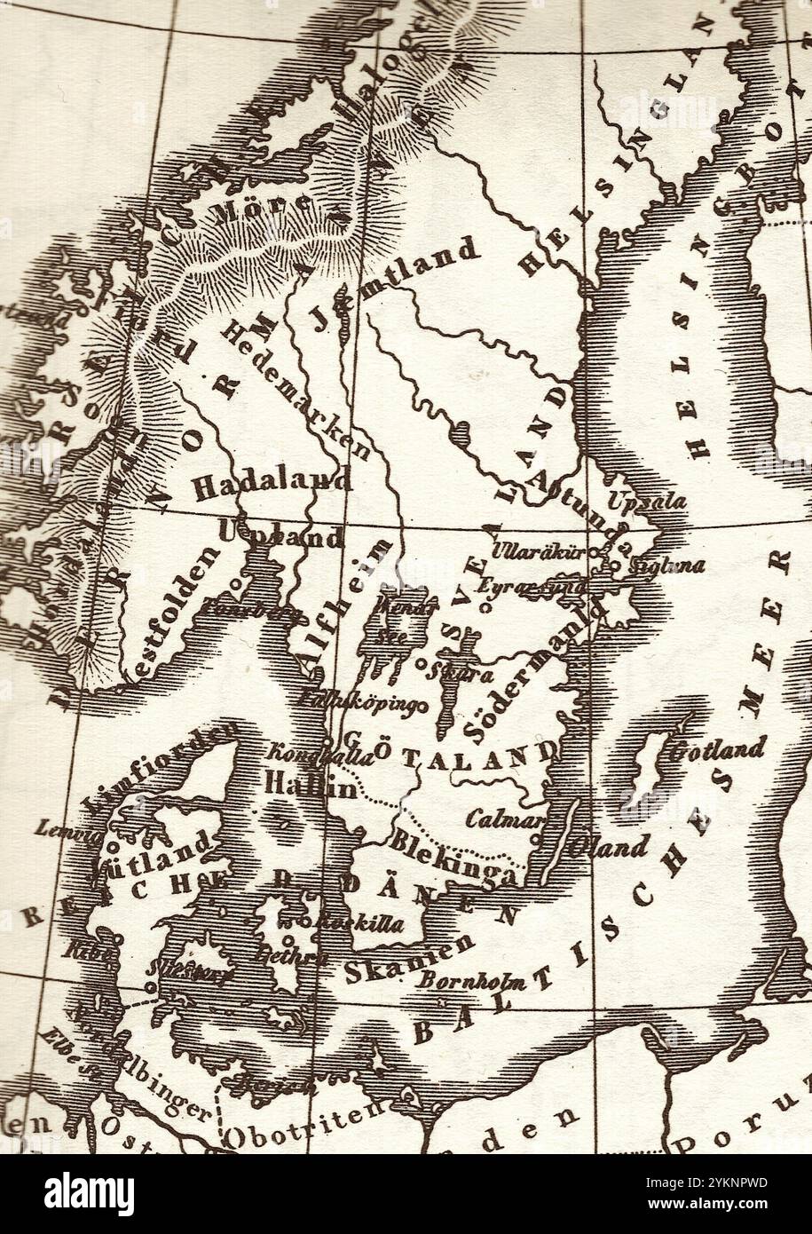 A mid 19th century antique map in sepia showing Scandinavia Stock Photo ...