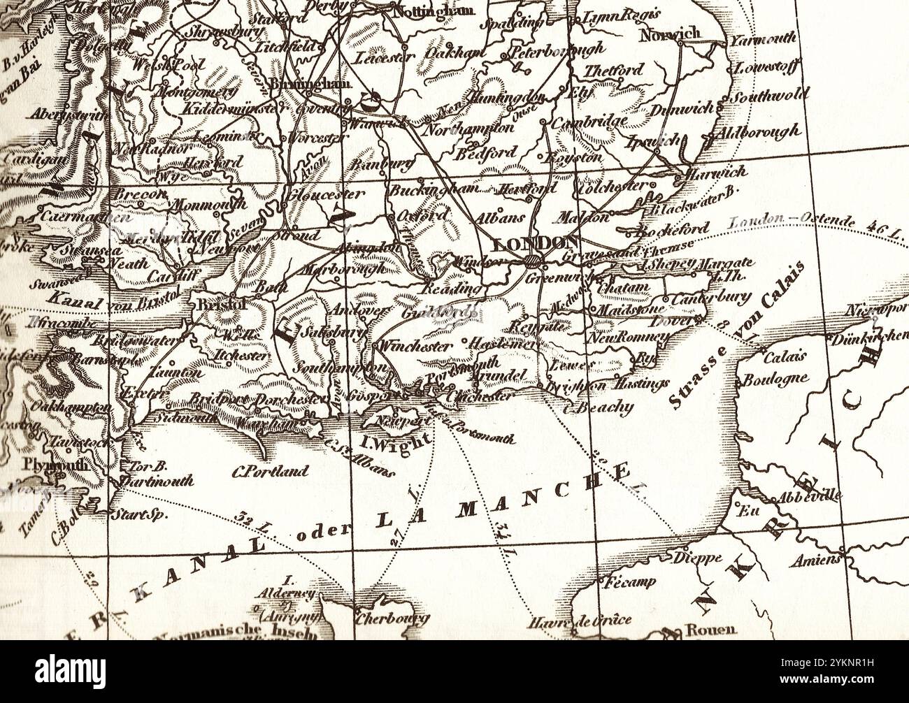 A mid 19th century antique map in sepia showing southern England Stock ...