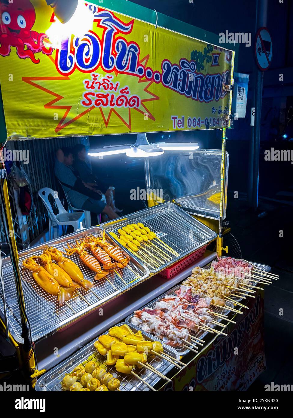 Bangkok, Thailand, Outside, Night, Close up, Street Food on a stick ...