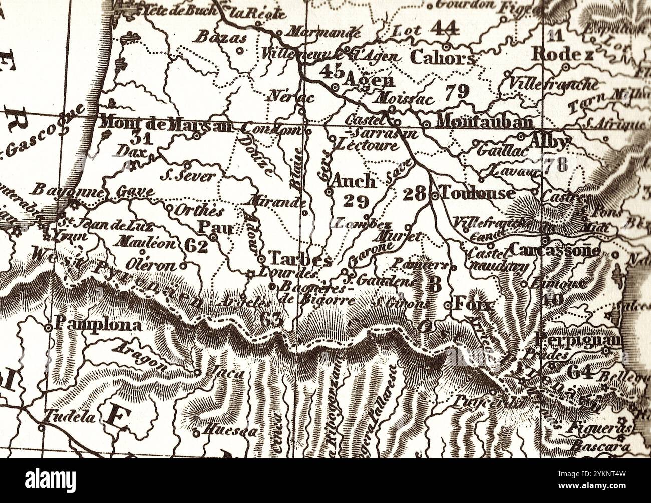 A mid 19th century antique map in sepia showing the border between ...