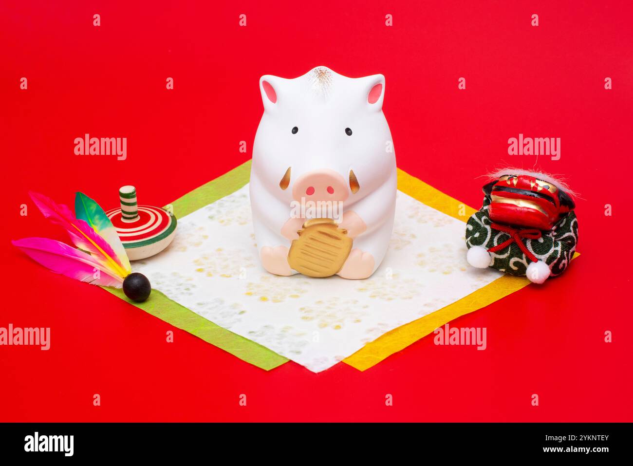 Wild boar and lion dance figure with feathers,Dokuraku Stock Photo - Alamy