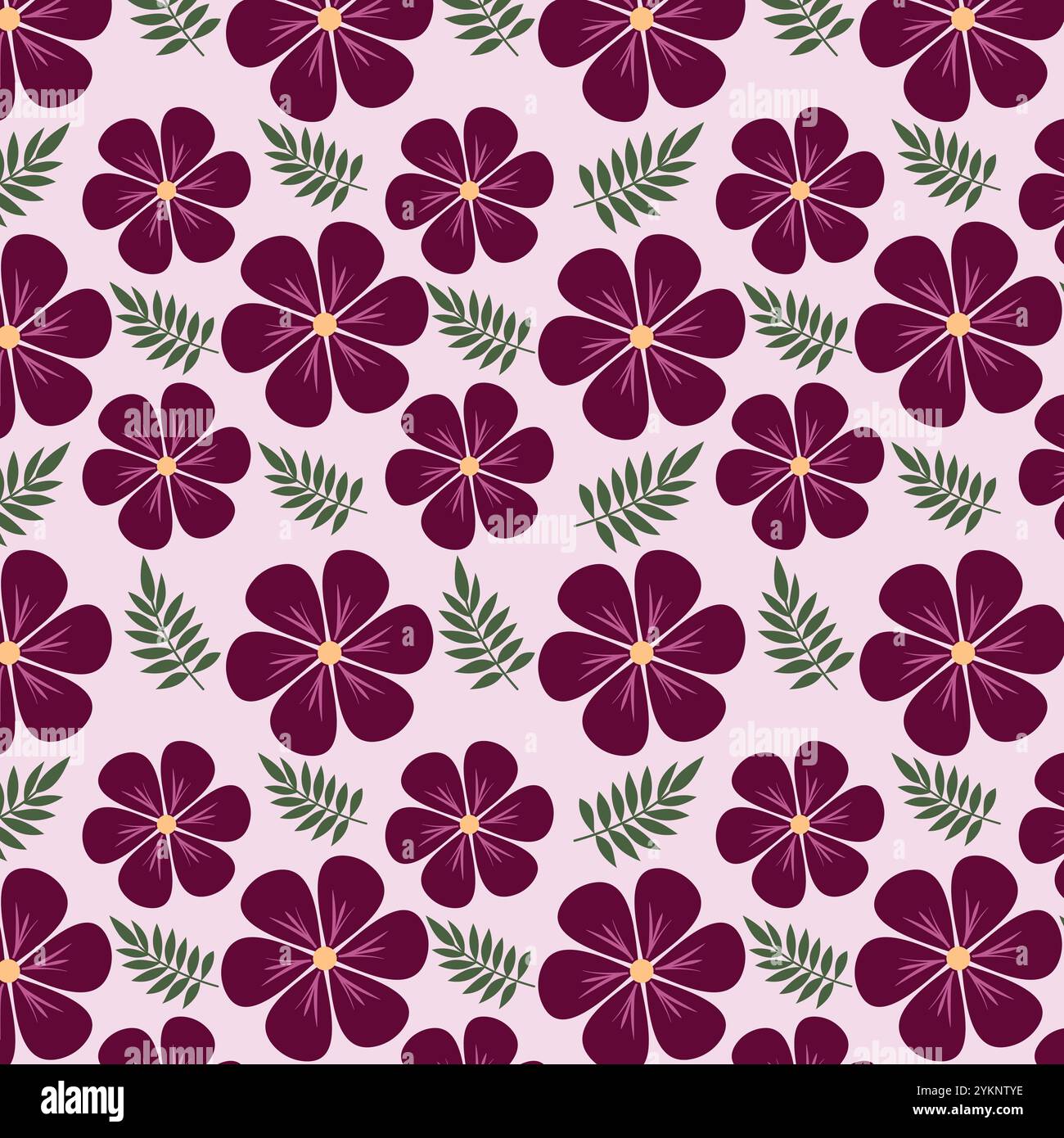Seamless floral pattern with purple flowers and green leaves on white ...