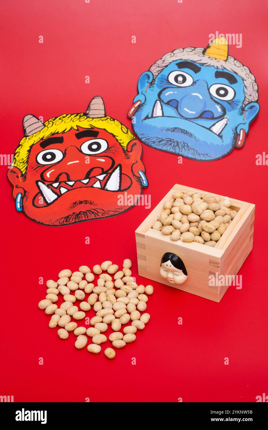 Masu Box of Roasted Soybeans with Red and Blue Demon Masks Stock Photo ...