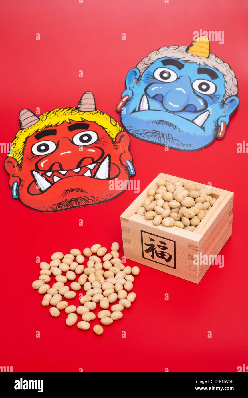 Masu Box of Roasted Soybeans with Red and Blue Demon Masks Stock Photo ...