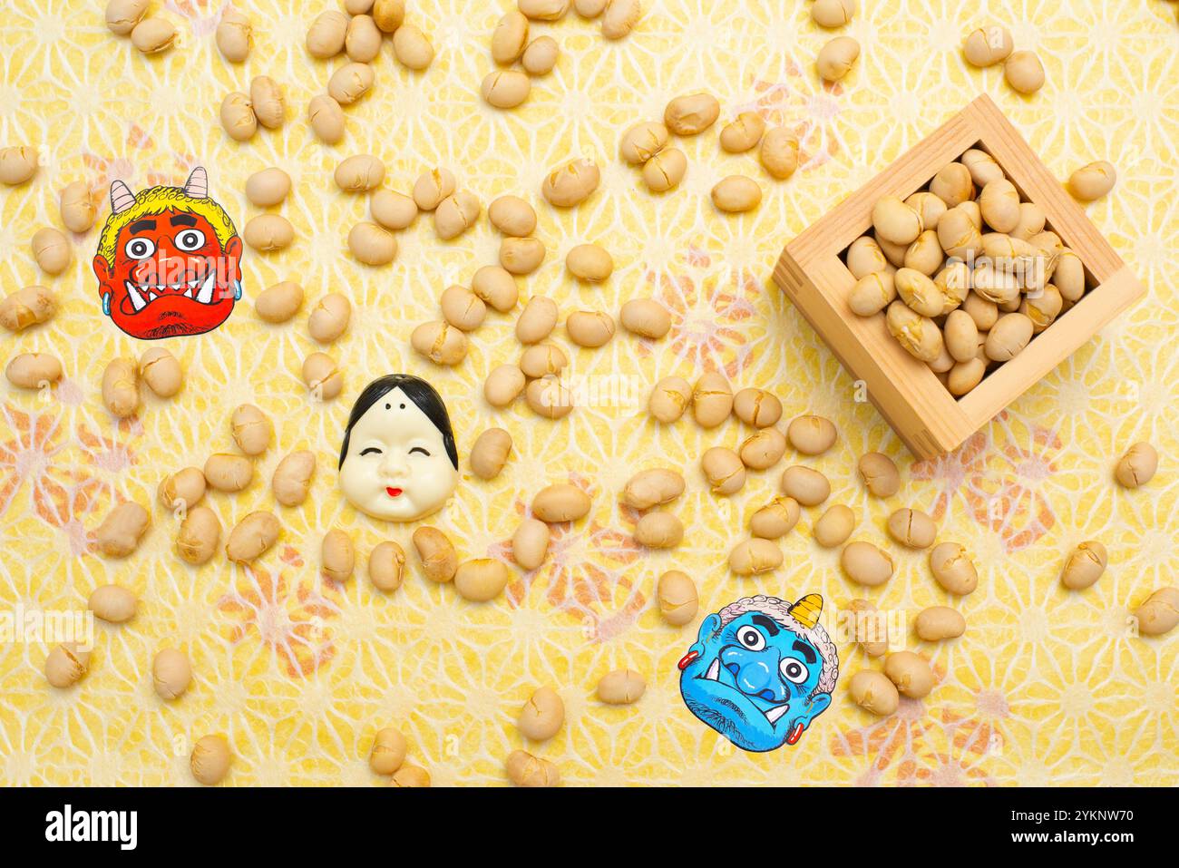 Roasted Soybeans in a Masu Box with Otafuku and Red and Blue Demon ...