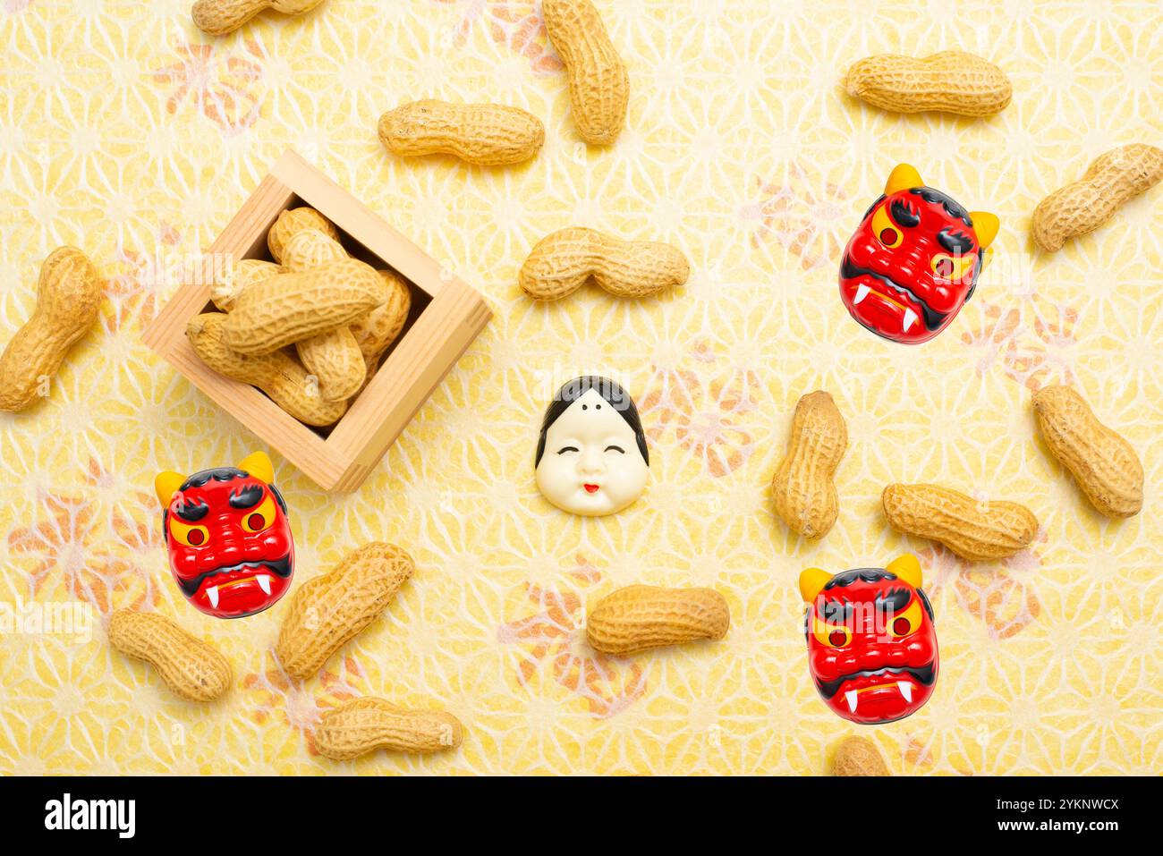 Peanuts in Masu Box with masks of Otafuku and Red Devil Stock Photo - Alamy