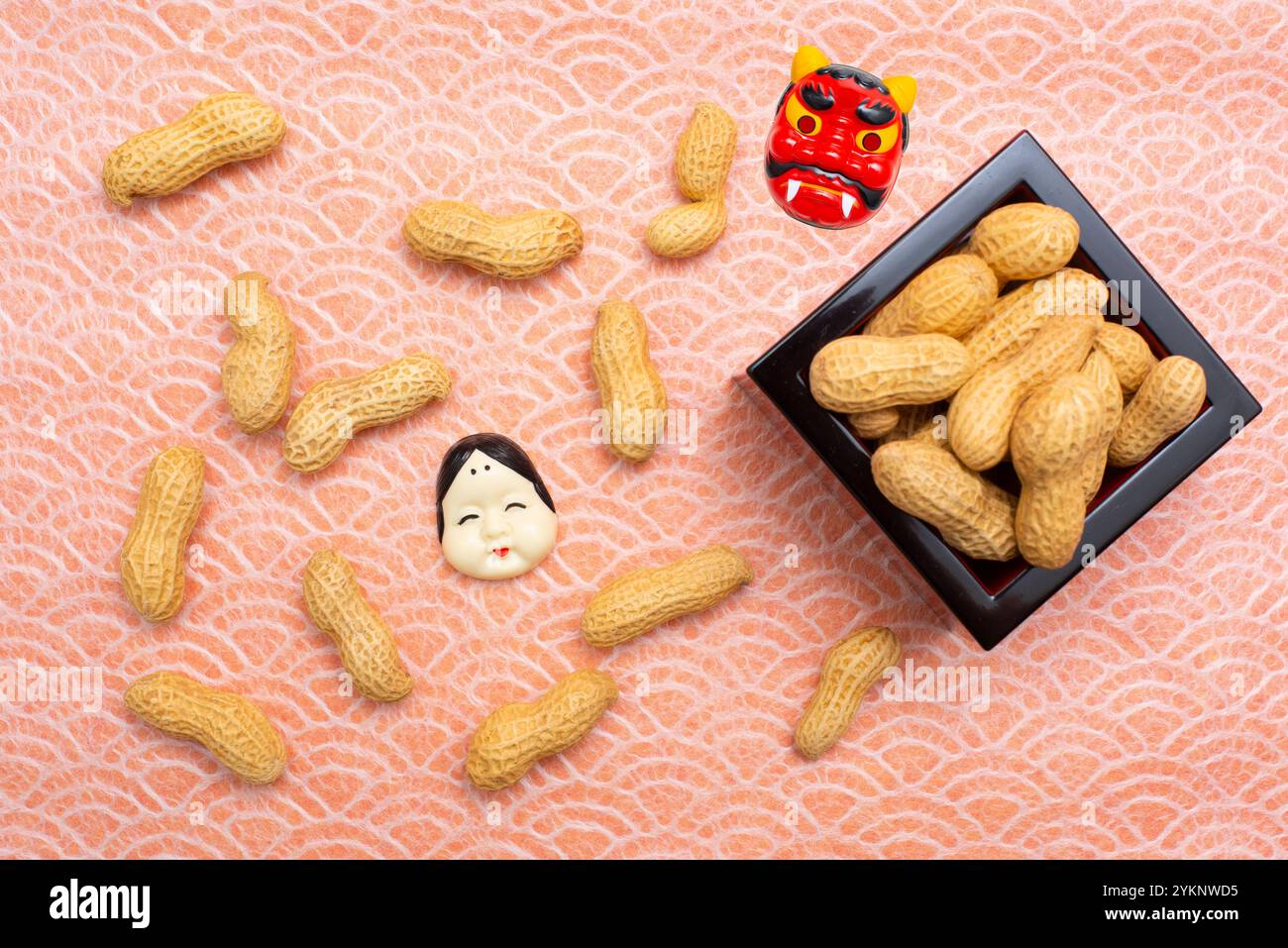 Peanuts in Masu Box with masks of Otafuku and Red Devil Stock Photo - Alamy