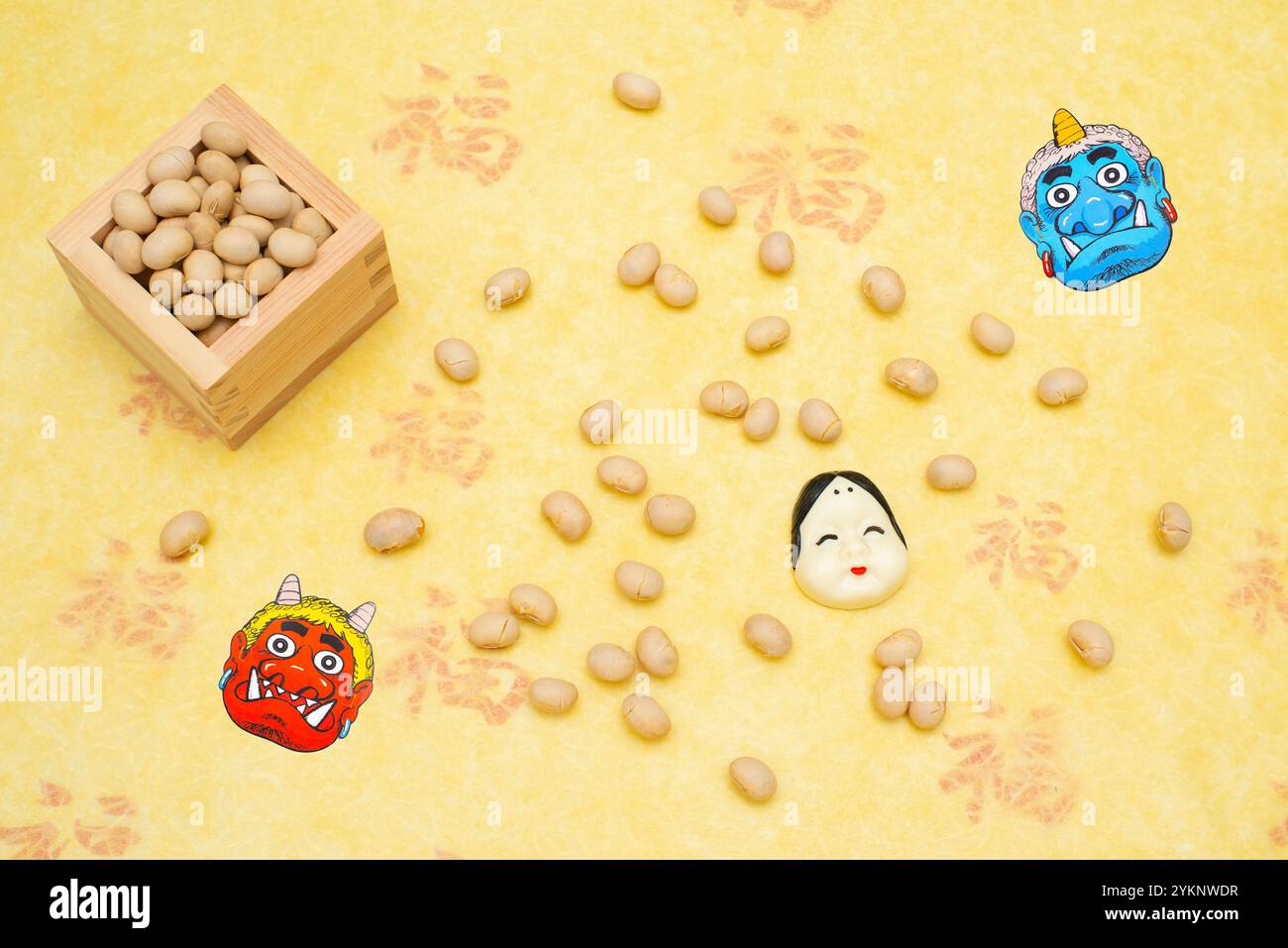 Roasted Soybeans in a Masu Box with Otafuku and Red and Blue Demon ...