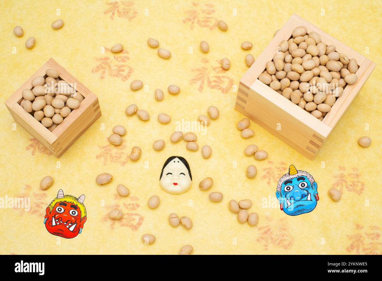 Roasted Soybeans in a Masu Box with Otafuku and Red and Blue Demon ...
