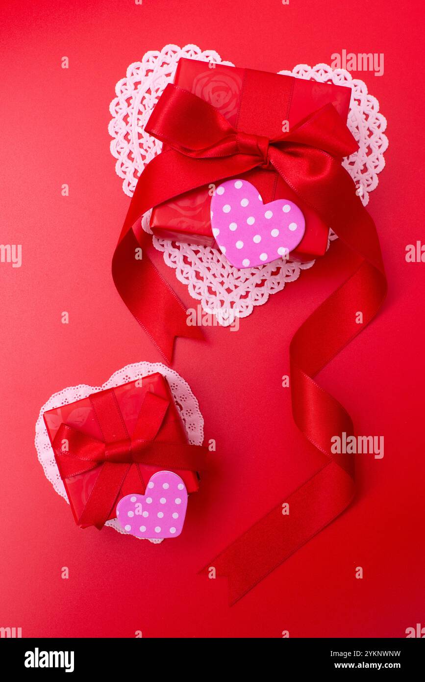 Heart-shaped crafts and ribboned gift boxes Stock Photo - Alamy