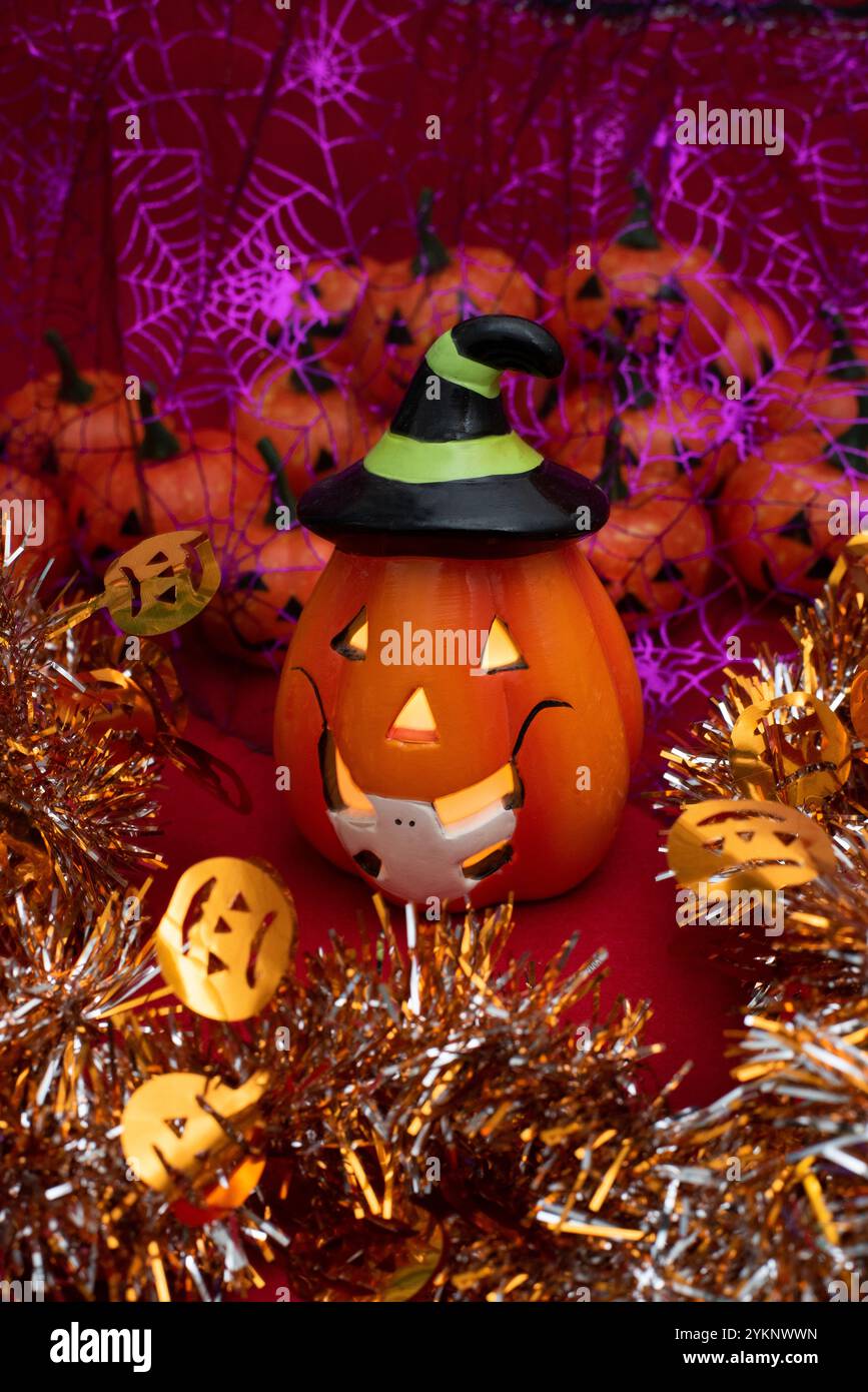 Pumpkin ghost figure and pumpkin braid, spider web Stock Photo - Alamy