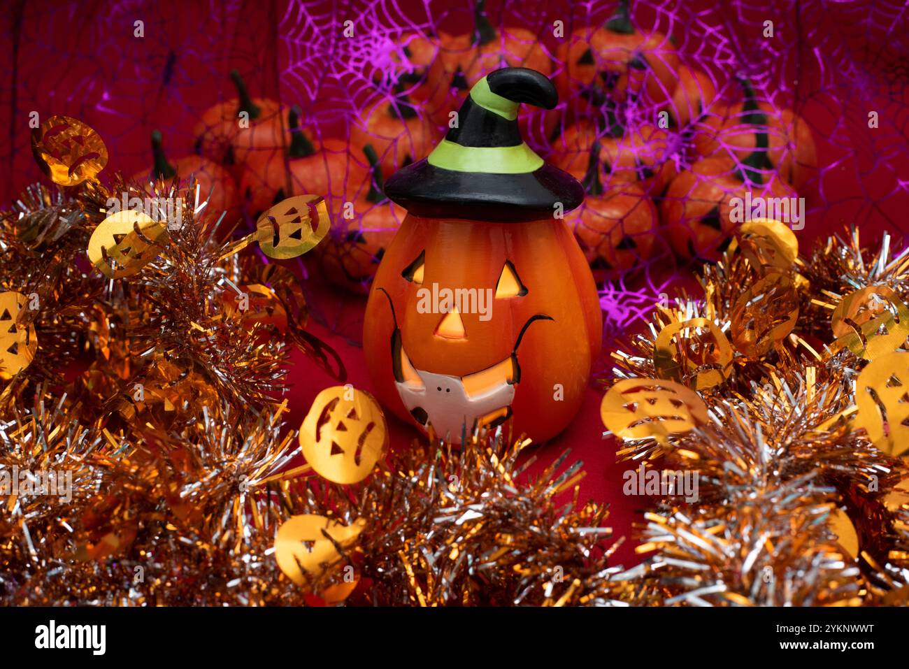 Pumpkin ghost figure and pumpkin braid, spider web Stock Photo - Alamy