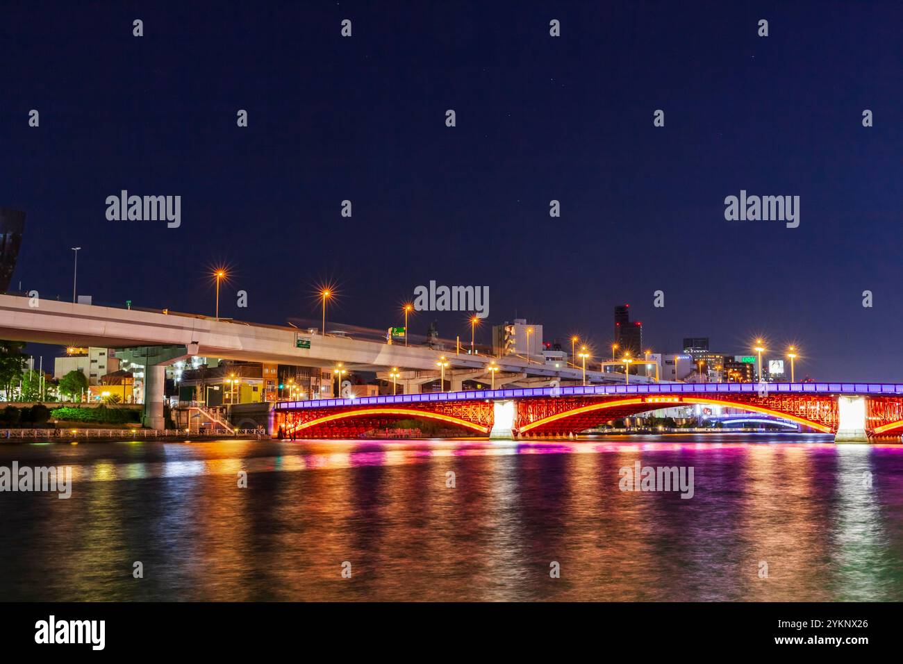 Asakusa Azuma-bashi Bridge lit up with light traces of houseboats Tokyo ...