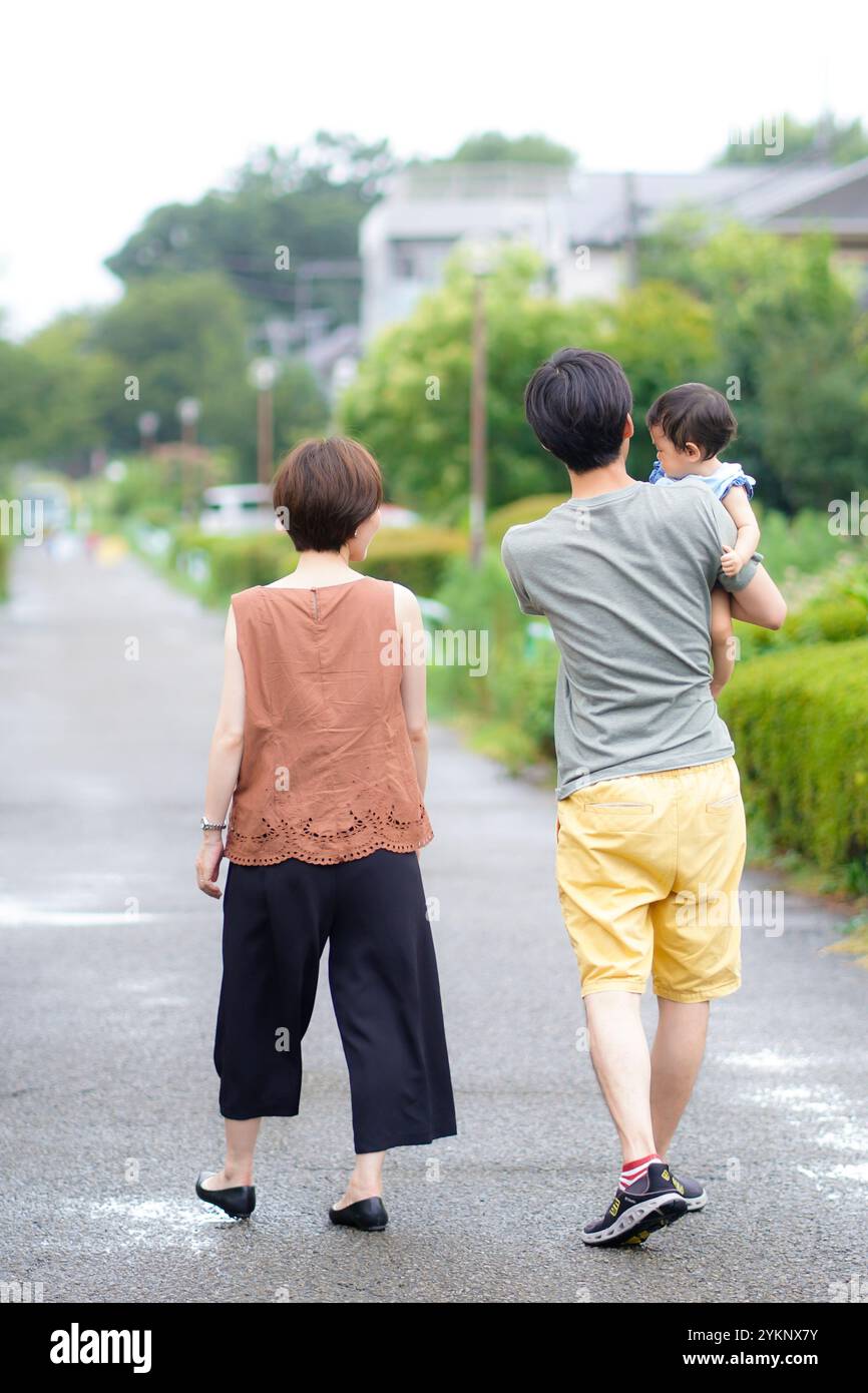 Back view of three parents and a child walking together. The baby is ...