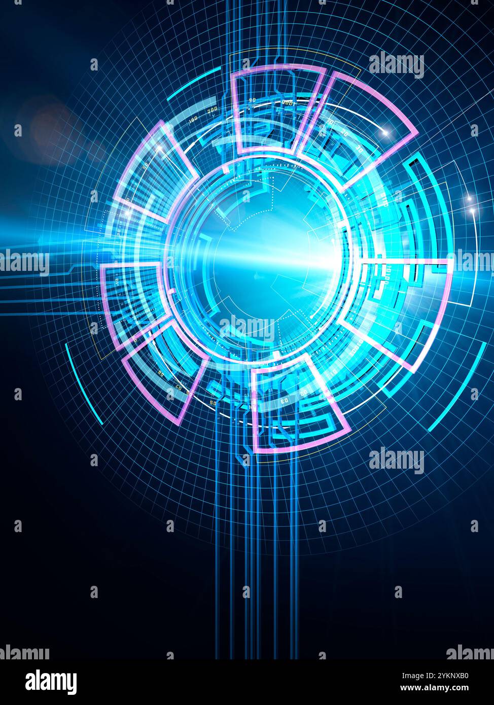 Circular GUI control panel with centralised control emitting a glow ...
