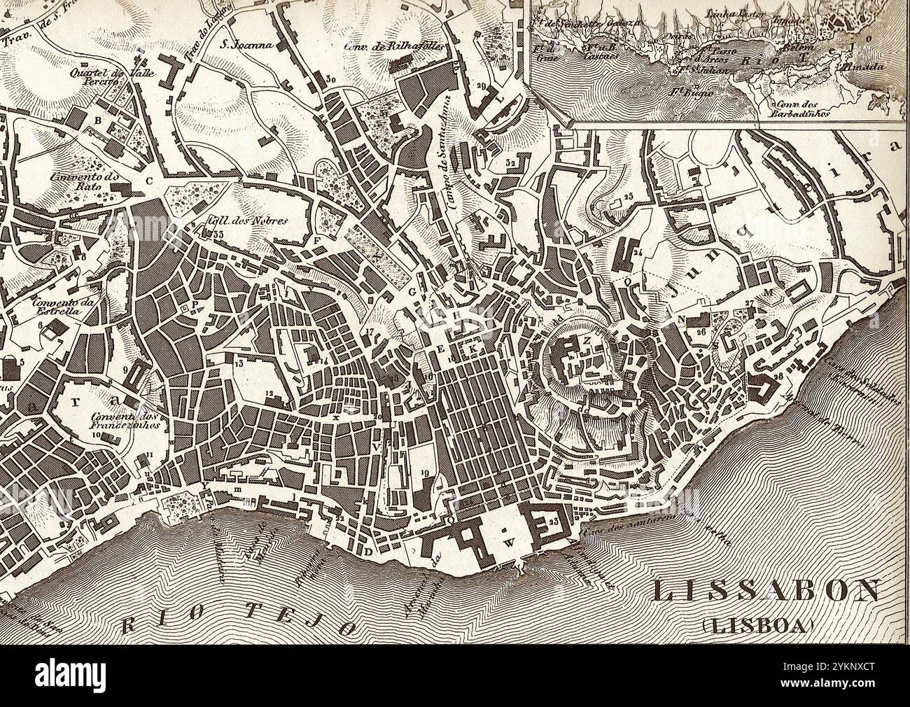 A mid 19th century antique map in sepia showing the city of Lisbon ...